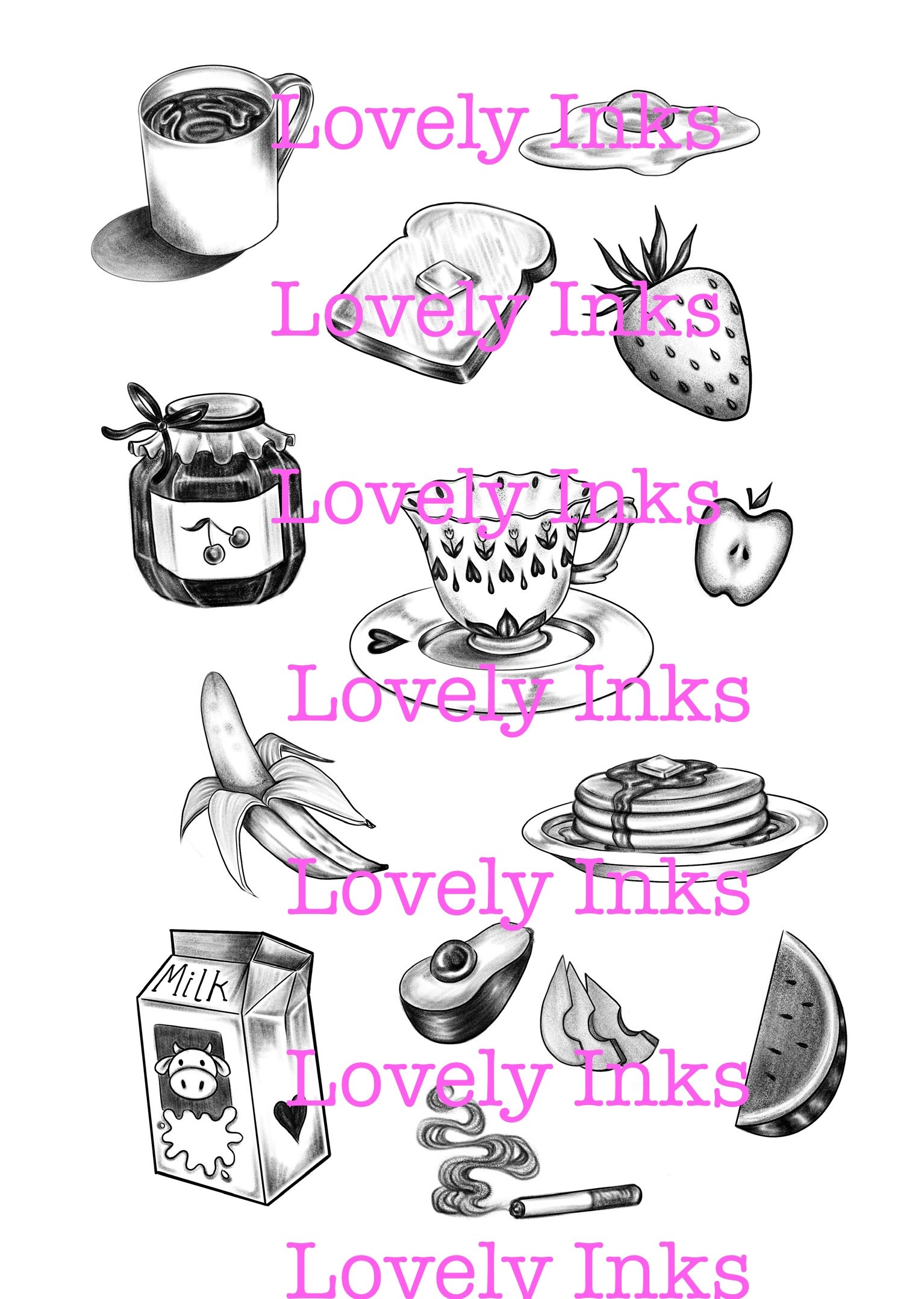 Breakfast tattoo flash sheet – Emma Gates